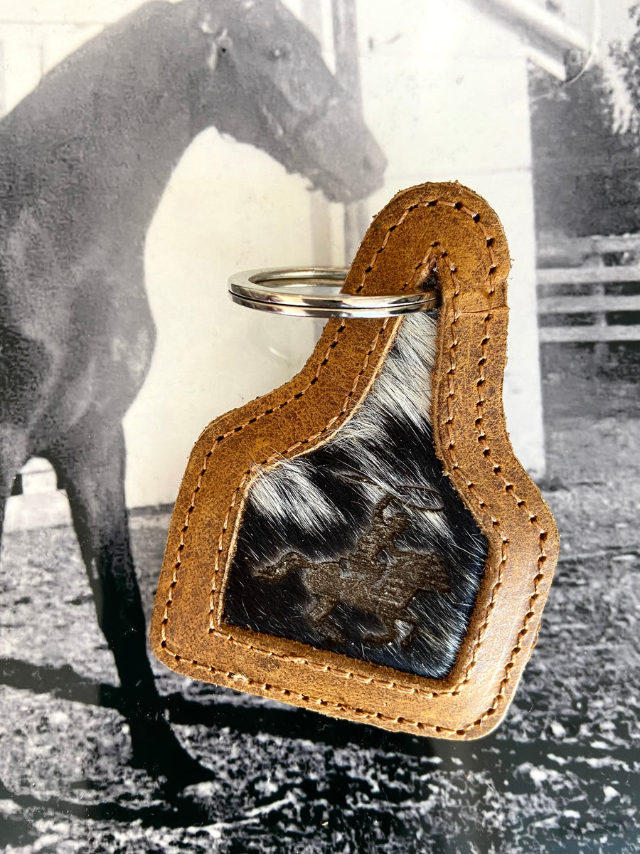 Buckin' Cowboy Cowhide Cattle Tag Keychain *Black/White – Deer Creek ...